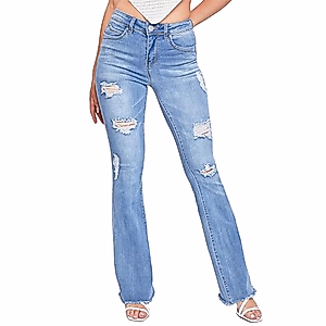 YMI Women's Wannabettabutt Highrise Super Flare Distressed Hem Denim Jeans(Medium Blue Rips,1)