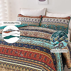 WONGS BEDDING Boho Queen Quilt Set, Green and Brown Bohemian Queen Quilt Bedding Set, Lightweight Microfiber Bed Decor Bedspread for All Season 96"x90"(3 Pieces)