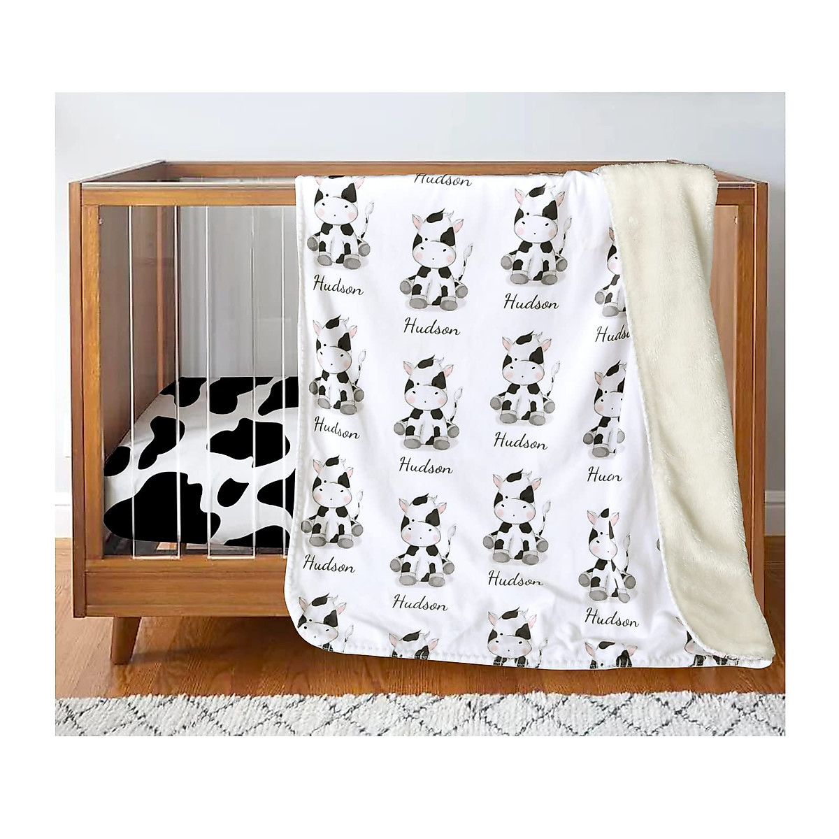 Personalized Cow Print Baby Blanket Custom with Name - Cute Farms Cartoon Cows - Soft Sherpa Fleece - Nursery Toddler Bedding and Decorative (31 x 47 inch)