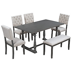 Merax Dining Table Set for 6, Wooden Rectangular Dining Table with Strong Legs and 4 Foam-Covered Seat Backs&Cushions Chairs & A Bench for Kitchen, Dining Room Furniture (Mediterranean Grey)