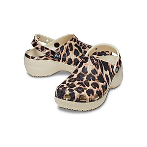 Crocs Women's Classic Graphic Platform Clogs, Platform Shoes, Bone/Leopard, 10 Women