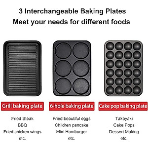 HeHoGoGo 3 in 1 Multifunctional Electric Griddle Electric Skillet Nonstick Baking Maker with 3 Interchangeable Pan Takoyaki Maker Cake Pop Maker Pancake Maker Red