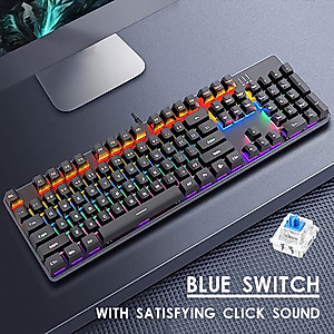 Alkem Mechanical Gaming Keyboard with Rainbow Backlit 104 Keys Gaming Keyboard USB Wired Keyboard with Blue Switch Anti-Ghosting Full Size Keyboard for Windows PC MAC Games (Black)