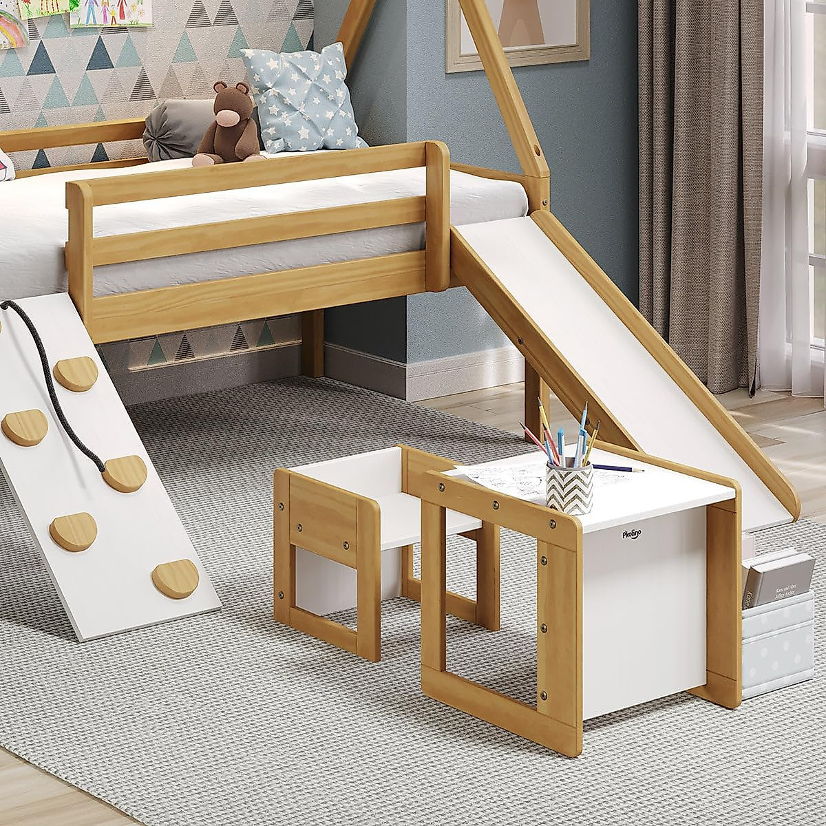 P'Kolino klick Duo Desk - Natural/White - Solid Pine Wood - Multiple Seat and Table Height adjustments to Grow with Your Child