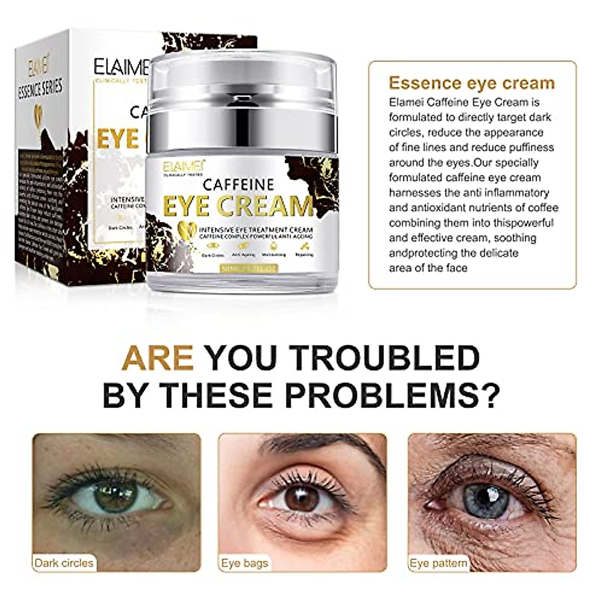 ELBBUB Caffeine Eye Cream, Anti Wrinkle Eye Cream and Puffiness-with Collagen, Puffiness, Wrinkles,Crows Feet Eye Lift Treatment For Men & Women