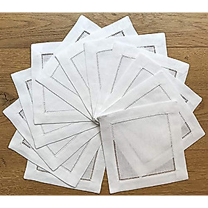 White Linen Cocktail Napkin 6"x6" Set of 50 Linen Cloth Napkin Coasters-Ladder Hemstitch 100% Linen Beverage Party Napkin Coaster Super Value Bulk 50 Pack