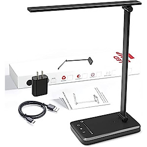 WEIDUOYI LED Desk Lamp Dimmable Home Office Lamp with USB Charging Port Reading Light Table Desk Lamps, Eye-Caring Table Lamp 45mins Timer Desk Light for Working and Reading Black