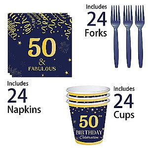 PARTY BERRY 120 Pcs 50th Birthday Decorations Party Supplies Dinner, Dessert Plates, Cups, Napkins, Forks Birthday Party Decorations Disposable 50th Birthday Decorations Men/Women Serves 24 Guests
