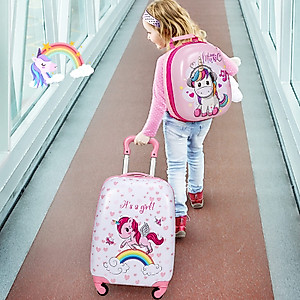Goplus 2PC Kids Luggage, 12" & 16" Kids Carry On Luggage Set with 4 Spinner Wheels, Lightweight Rolling Spinner Suitcase for Children Toddlers Boys and Girls Travel (Unicorn)