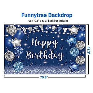 Funnytree Navy Blue Happy Birthday Party Backdrop Silver Glitter Balloons Background Boy Men Women Bday Event Favors Supplies Decoration Flag Background Selfie Photo Booth