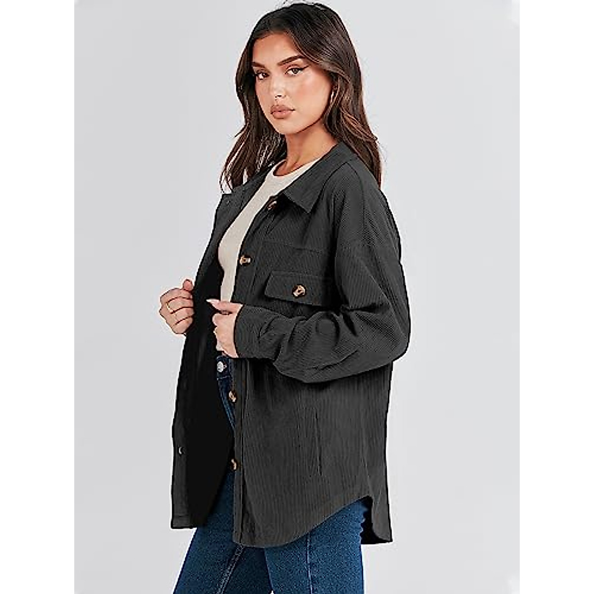 ANRABESS Women Casual Jackets Corduroy Shacket Fall Oversized Button Down Shirts Long Sleeve Casual Loose Cardigan Blouse Coat 1027heise-L