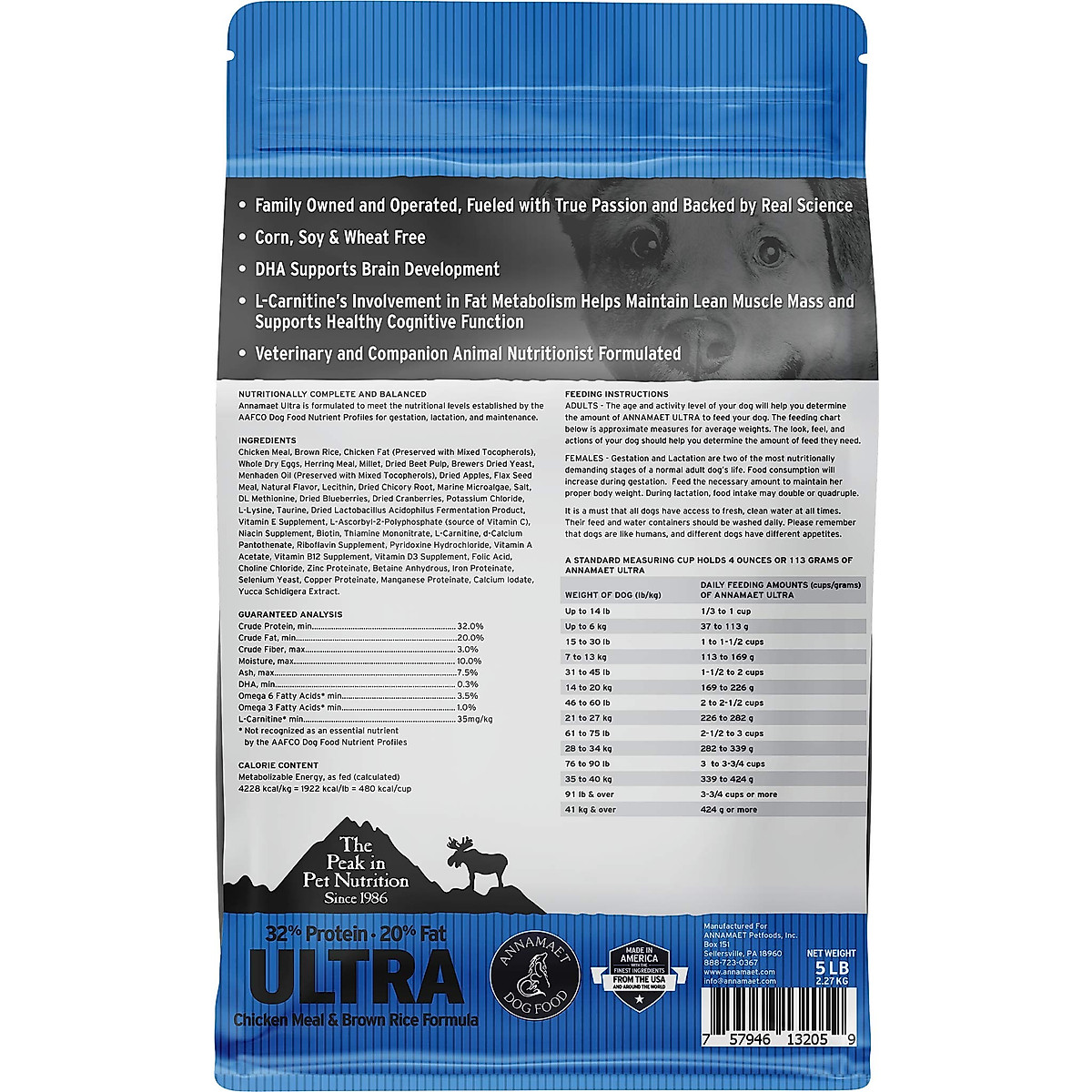 Annamaet Original Ultra Formula Dry Dog Food, 32% Protein (Chicken & Brown Rice), 5-lb Bag