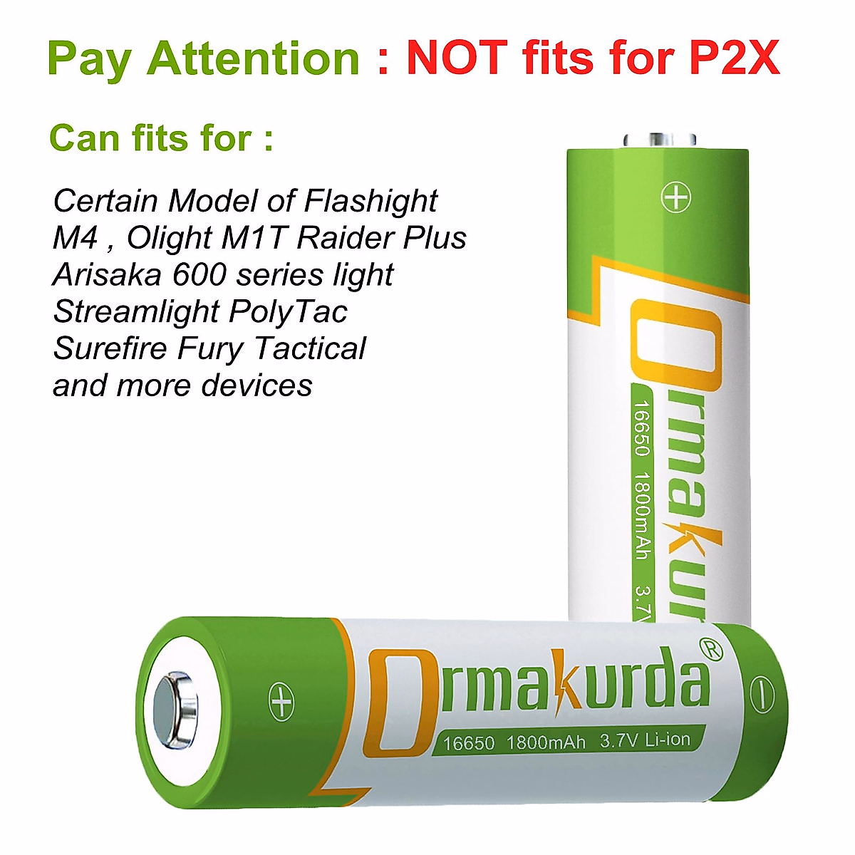 Ormakurda 16650 Rechargeable Battery, 16650 Battery 1800mAh 3.7V Li-ion Rechargeable Batteries with Button Top for Flashlights Torches (2Pack)