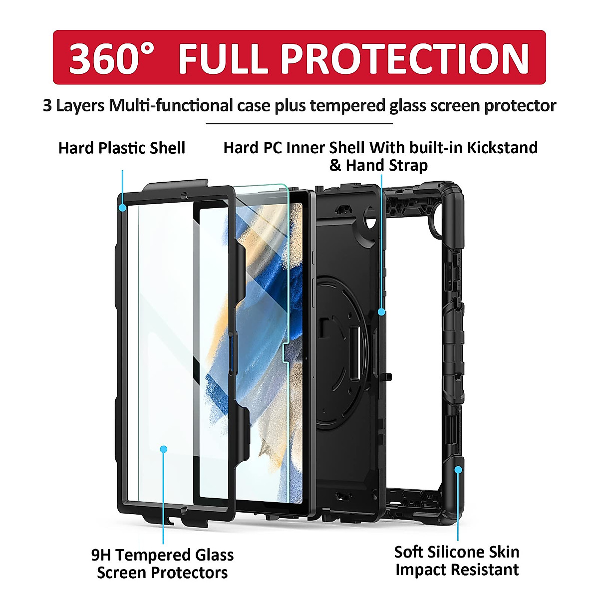 Compatible with Samsung Galaxy Tab A8 10.5 Inch Case 2022, [Kids Proof] Ambison Full Body Protective Case with 9H Tempered Glass Screen Protector, 360° Rotatable Kickstand & Hand Strap (Black)