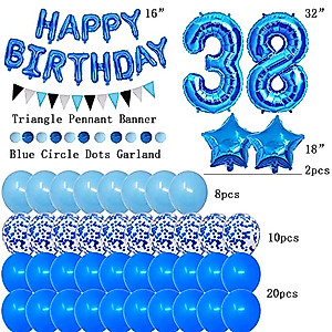 Succris 38TH Blue Theme for 38 Years Old Birthday Party Supplies Blue Happy Birthday Banner Blue Circle Dots Garland Paper Hanging Triangle Flag Banner Confetti balloons Number 38 Blue