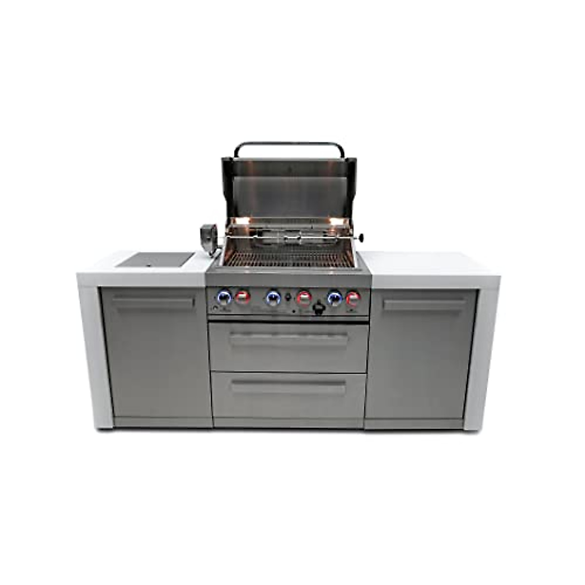 Mont Alpi MAi400-D 32-inch 4-Burner 78000 BTU Deluxe Stainless Steel Gas Outdoor Kitchen Barbecue Island Grill w/ Infrared Side & Rear Burners + Rotisserie Kit + Storage Cabinets + Granite Countertops