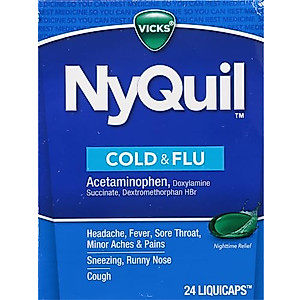 Vicks NyQuil Cold and Flu Relief Liquid Medicine, Powerful Multi-Symptom Nighttime Relief for Headache, Fever, Sore Throat, Minor Aches and Pains, Sneezing, Runny Nose, and Cough, 24 Liquicaps