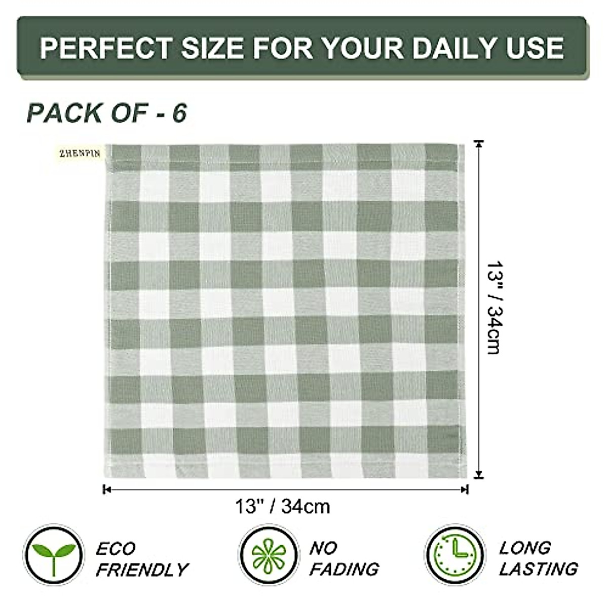 PiccoCasa 100% Cotton Dishcloths Set of 6, 13 x 13 Inch, Soft Absorbent Drying Kitchen Washcloths, Plaid Gingham with Hang Loop - Green