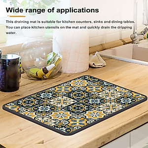 NeuWee Dish Drying Mat for Kitchen Counter, Super Absorbent, Heat Resistant, Non-Slip Dish Drying Pad, Hide Stain Coffee Mat, Table Mat Under Appliance, Ethnic Style, Yellow Blue Print, 16 x 20 Inch