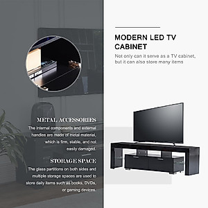 Ugijei Black LED TV Stand for 75 Inch TV, Modern Media Console with Storage, High Gloss TV Table for Bedroom, Living Room