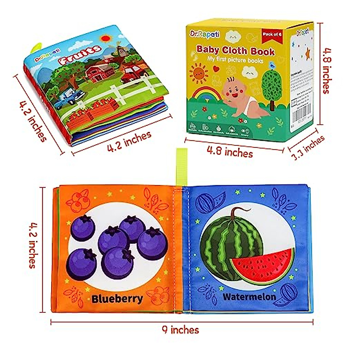 Dr.Rapeti Soft Cloth Books Baby Books Bath Books 6-Pack for Baby Infant Toddler Kids Crinkle Squeaky Washable Chewable Non-Toxic Early Educational Giftable