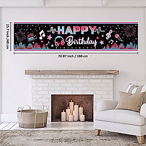 71 x 16 Inch Happy Birthday Banner Decorations, Large Fabric Music Party Banner Backdrop Background Photo Booth Banner Indoor Outdoor Decor for Teens Social Media Theme Birthday Party Supplies
