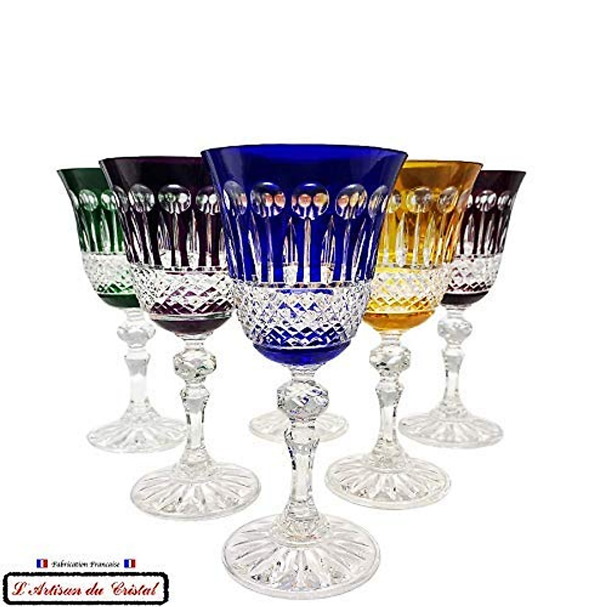6 Red White Wine And Water Crystal Glasses - 6 Colors Assortments - Roemer Service Diamant(5,7 fl oz) - Klein House - Company : Artisan du Cristal - Gift Set - Stamped : Klein 54120 Baccarat France