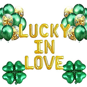 Geloar St. Patrick's Day Lucky in Love Decorations Saint Paddy's Day Theme Irish Four Leaf Clover Shamrock Foil Balloons Baby Shower March Birthday Bridal Shower Bachelorette Wedding Party Supplies