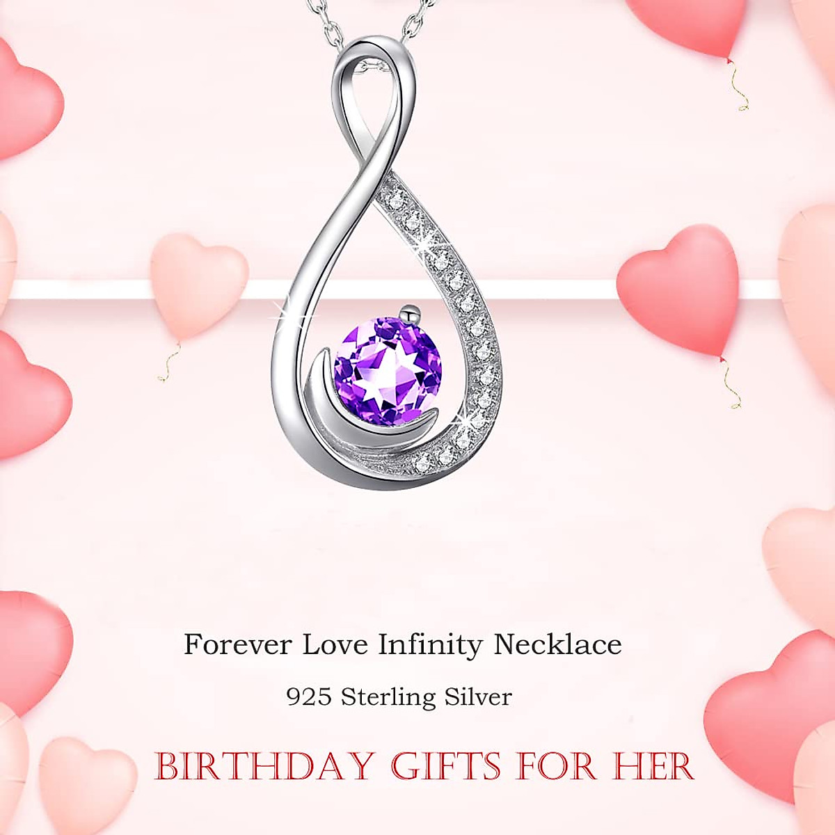 Natural Amethyst Gemstone Necklace for Wife Birthday Gifts Mom Forever Love Infinity Moon Sterling Silver Jewelry for Her