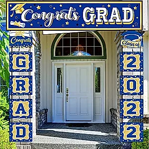 2022 Graduation Banner Set Blue Graduation Party Decoration Porch Sign Grad Party Supplies, Class of 2022 Congrats Grad for College High School (Blue and Gold)