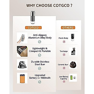 Coffee Grinder Electric Burr Portable: COTGCO Small Espresso Bean Mill with Conical Burr - Adjustable & Rechargeable Battery - Extra Fine to Extra Coarse (Silver-1)