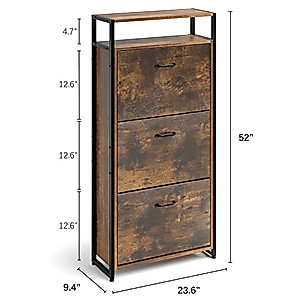 HAIOOU 3 Drawer Industrial Shoe Cabinet, Slim Freestanding Wood Shoe Rack Storage Organizer Stand with Flip Doors, Open Storage Shelf, Anti Toppling Device for 15-18 Pairs - Rustic Brown & Black