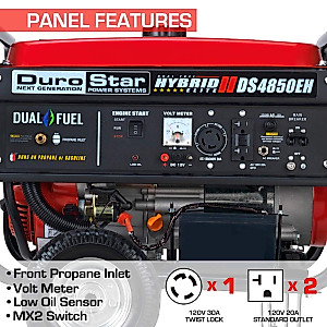 DuroStar DS4850EH Dual Fuel Portable Generator-4850 Watt Gas or Propane Powered Electric Start-Camping & RV Ready, 50 State Approved, Red/Black