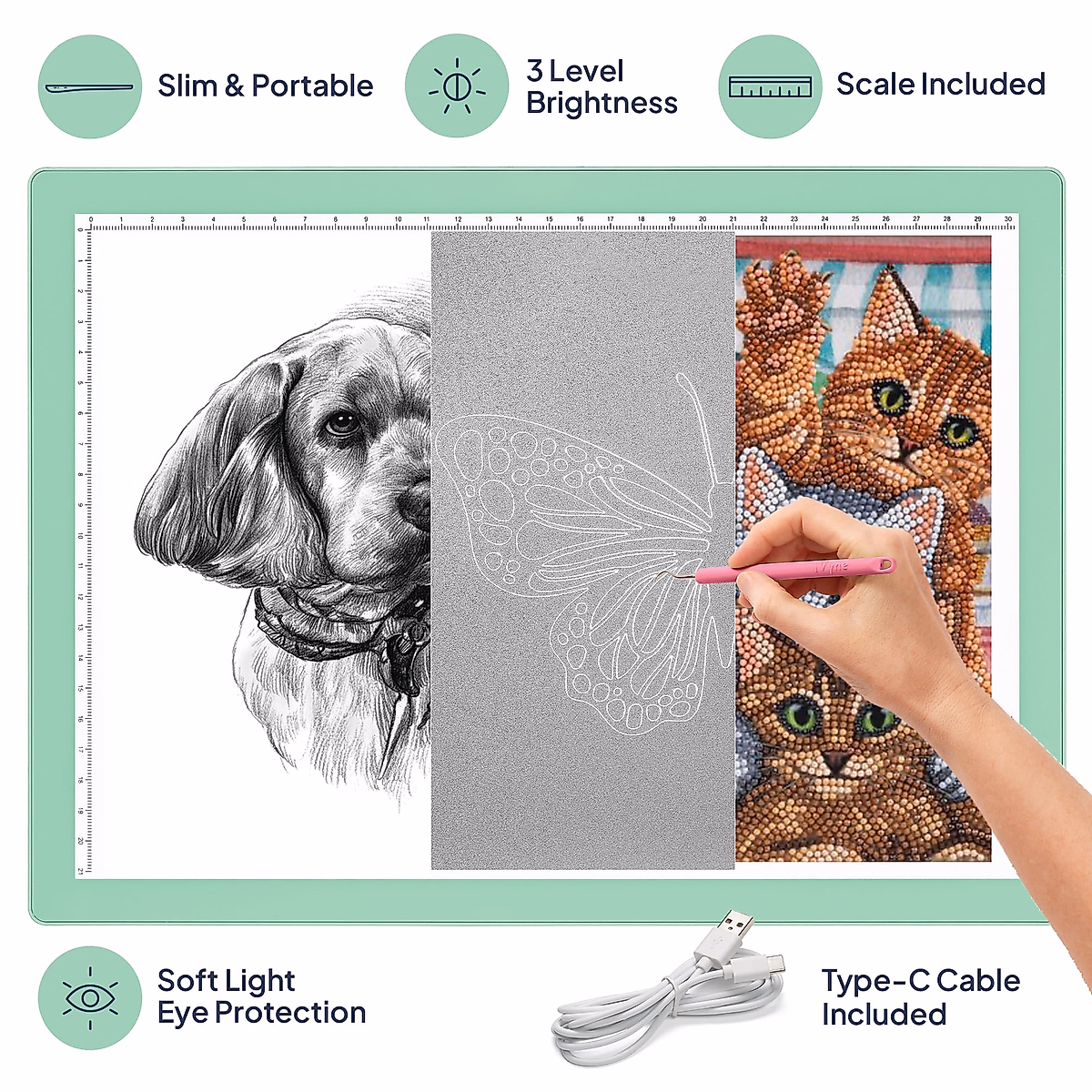iVyne Corded Light Pad for Weeding Vinyl & Diamond Painting - A4 Light Box for Sketching & Tracing (Green)