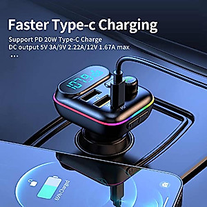 Bluetooth Adapter for Car, Wireless FM Radio Transmitter, Wireless Bluetooth 5.0, MP3 Music Player, QC3.0 + PD 20W USB Car Charger, 7 Colors LED Backlit