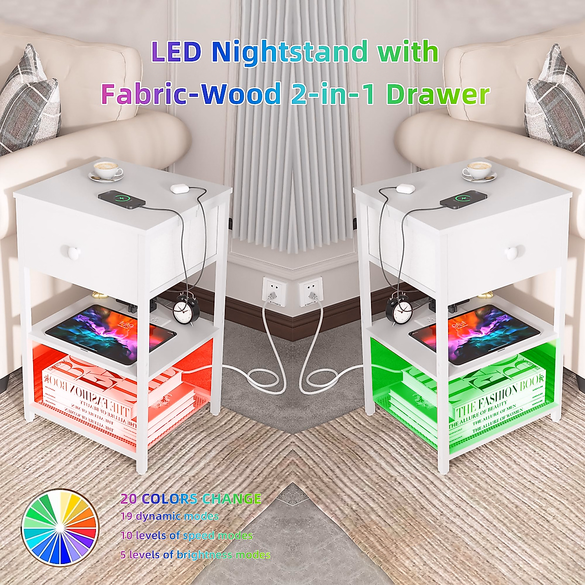 LTTDOUK LED Nightstands Set of 2 with Charging Station, Bedside Tables with USB Ports and Outlets, End Table with Fabric-Wood 2-in-1 Drawer, White Side Table for Bedroom, Living Room
