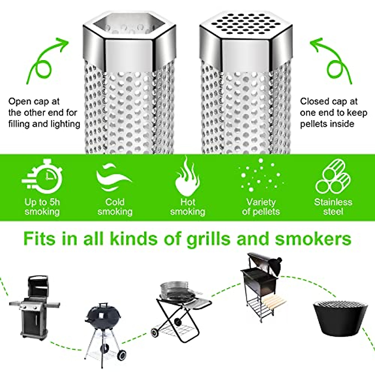 12'' Pellet Smoker Tube-304 Stainless Steel BBQ Smoker Tube with 1 Hooks and 2 Brushes for Cold/Hot Smoking 5 Hours of Billowing Smoke, for All grill or smoker