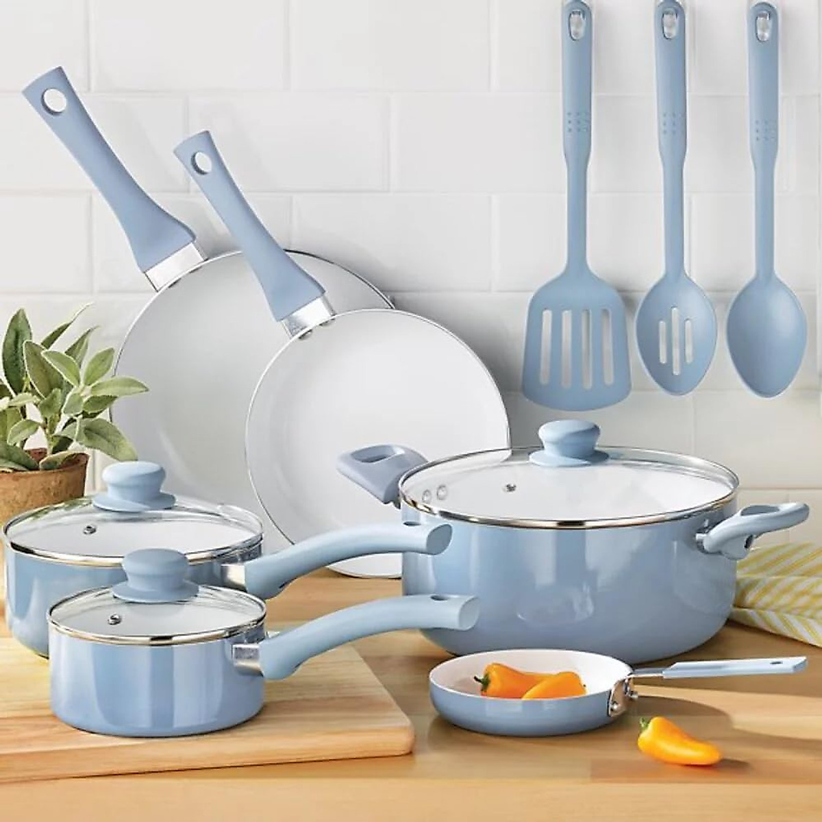 12pc Ceramic Cookware Set, Cookware Pots and Pans Set, PFAS-Free, Dishwasher Safe, Blue Linen