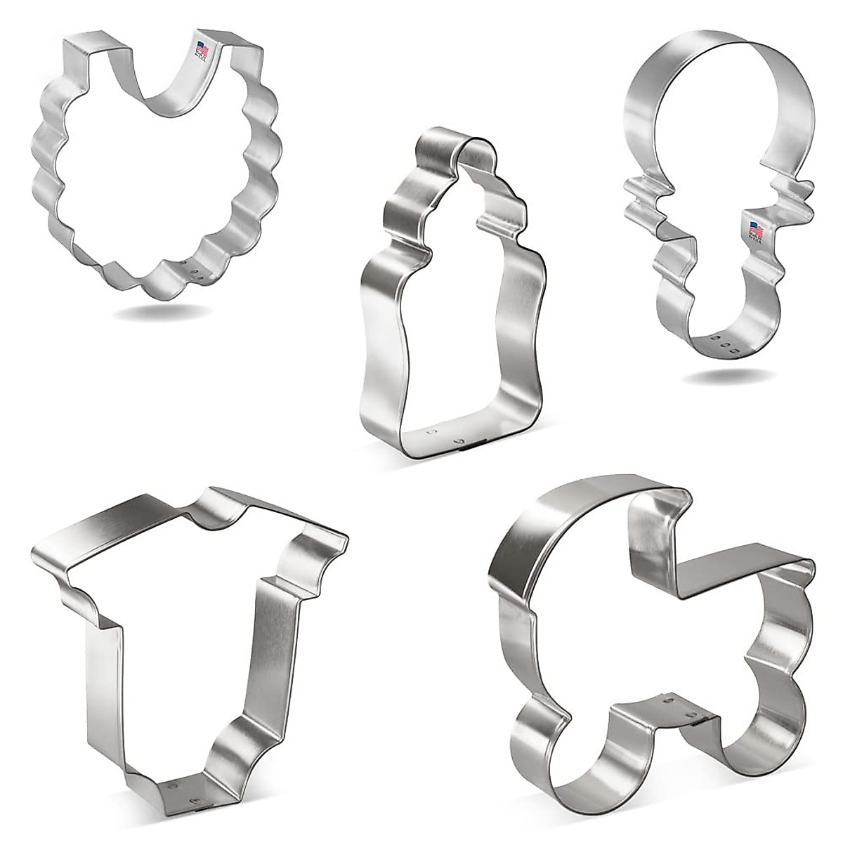Foose Cookie Cutters Baby Shower Cookie Cutter 5 Piece Set 3.25" Bib, 4" Rattle, 4" Bottle, 4" Baby Body Suit, 4" Carriage, USA