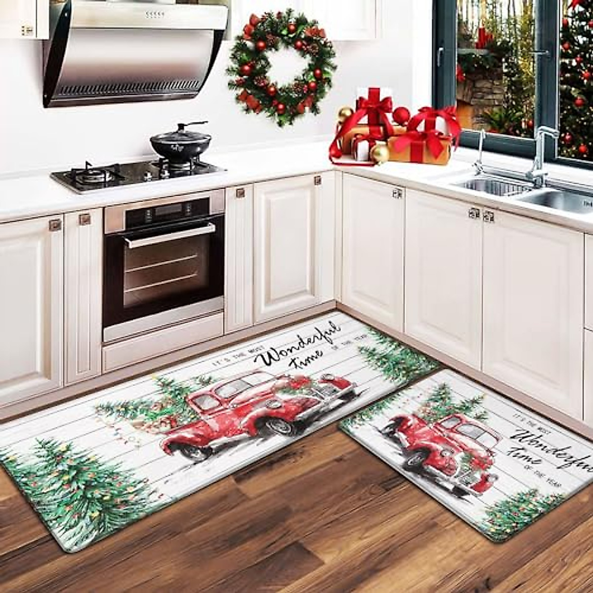 KIMODE Christmas Kitchen Rugs Set of 2,Red Truck Xmas Tree Kitchen Rugs and Mats,Anti Fatigue Non Slip Kitchen Floor Mat,Farmhouse Comfort Standing Mat,Christmas Decorations for Home Kitchen