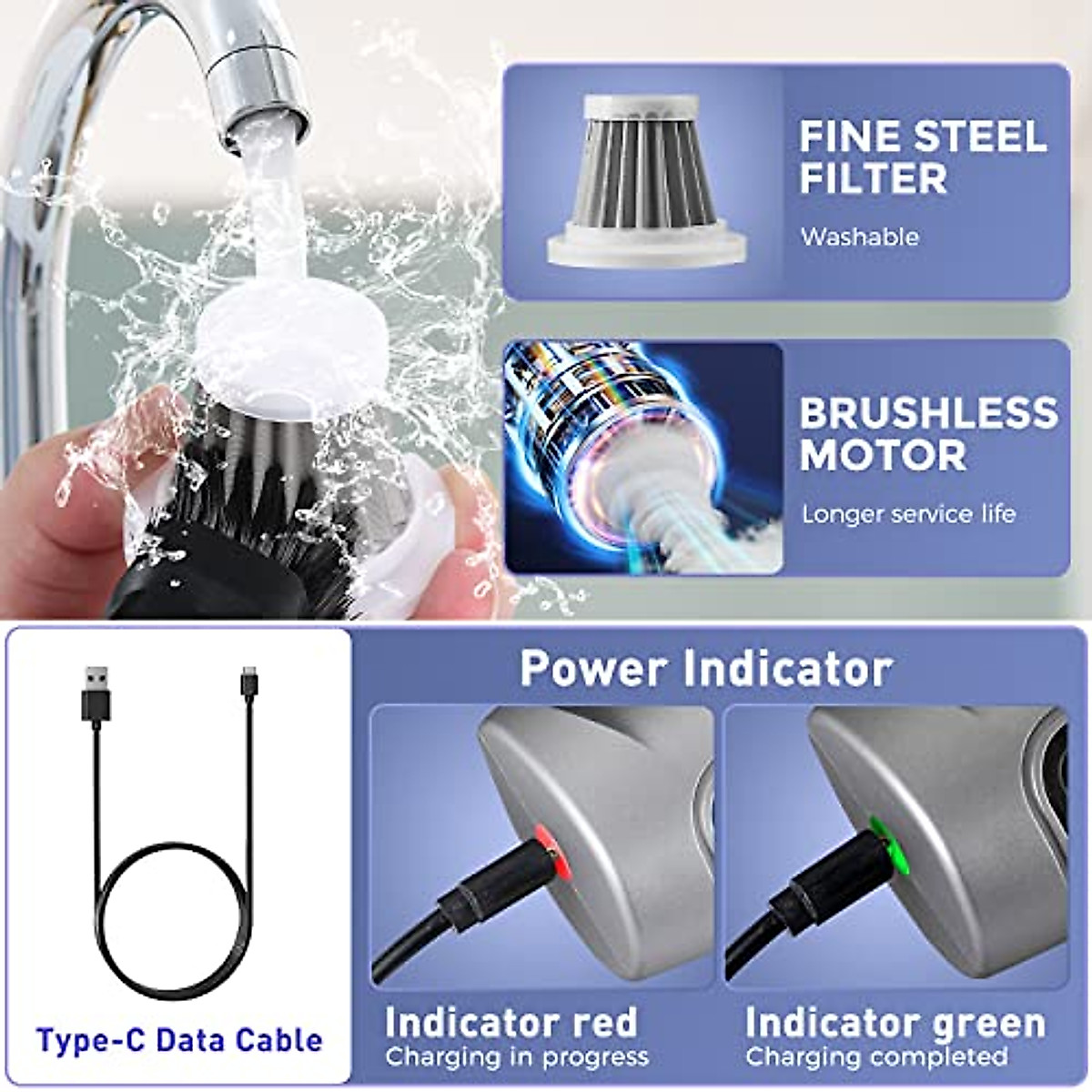 Saker Handheld Vacuum Cleaner Car - Wireless Mini, 3 in 1 Multifunctional Brushless Motor 12000PA High Power with USB,Portable Handheld Car Vacuum Cleaner for Keyboard Cleaning,Outdoor and Pet Hair