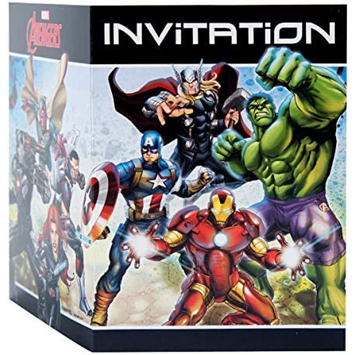 Unique Avengers Birthday Party Supplies Bundle Pack includes 16 Party Invitations with Envelopes and 1 Dinosaur Sticker Sheet