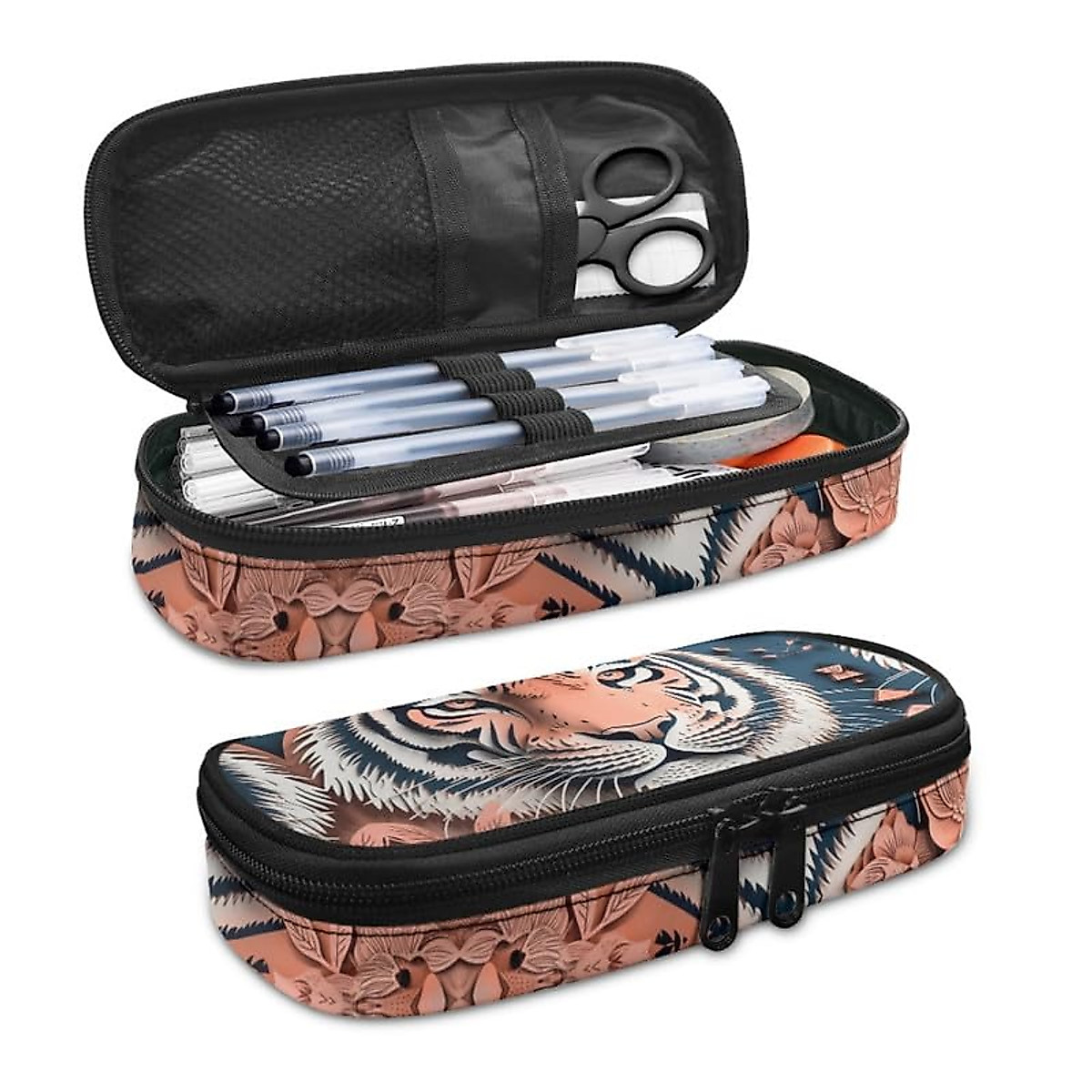 Rivatimrio Paper Sculpture Tiger Pen Bag Large Pencil Case Big Capacity Paper Carving Origami Style Pencil Pouch Pencil Holder with Zippers Compartments Kids Adults