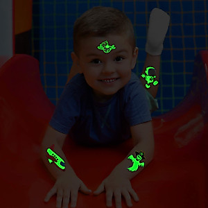 Partywind 145 Styles - Luminous Temporary Tattoos for Boys Kids, Glow Fake Tattoo Stickers for Children Featuring Dinosaur Space Pirate Cars and More, Glow Kids Birthday Party Supplies Favors