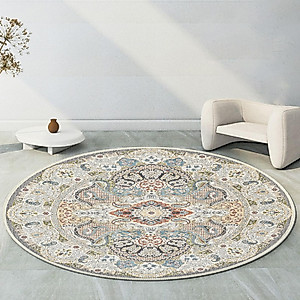 LeafLuxe Round Area Rug 6×6 Circle Rug with Non Slip Circle Area Rug for Bedroom Washable Vintage Area Rug Carpet for Bathroom Floor Decoration Carpet for Kitchen Room
