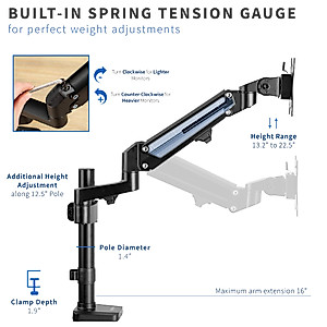 VIVO Heavy Duty Single 17 to 35 inch Monitor Pneumatic Spring Arm Stand, Aluminum Clamp-on Desk Mount, Fits 1 Screen, Max VESA 100x100, Black, STAND-V100G