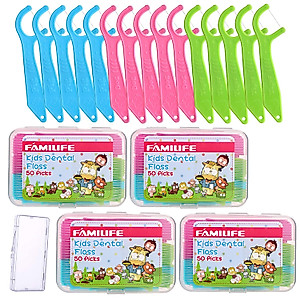 FAMILIFE Kid's Dental Floss Picks Without Fluoride, 4 Travel Handy Cases Unflavored Flosser 120 Picks and 4 Travel Cases 200 Picks Animal Pattern