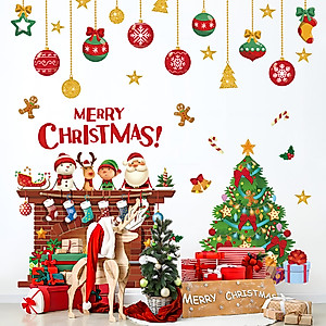 Christmas Wall Decals Christmas Tree Wall Stickers Christmas Ball Fireplace Decals Stickers Removable Merry Christmas Wall Decorations for Xmas Party Bedroom Living Room Office Home Decor, 4 Sheets