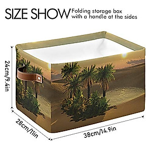 LELEGO Rectangular Storage Basket Tropical Summer Palm Tree Desert Storage Bins Boxes Collapsible Storage Cubes Organizer with Leather Handles for Home Organization Shelf Basket Toy Laundry Hamper Nur
