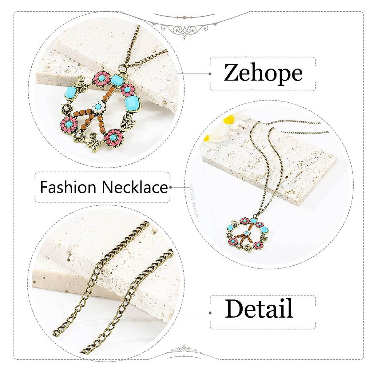 Zehope Peace Sign Necklace Vintage Hippie Pendant Necklaces Chain 60s 70s Long Turquoise Necklace Accessories for Women